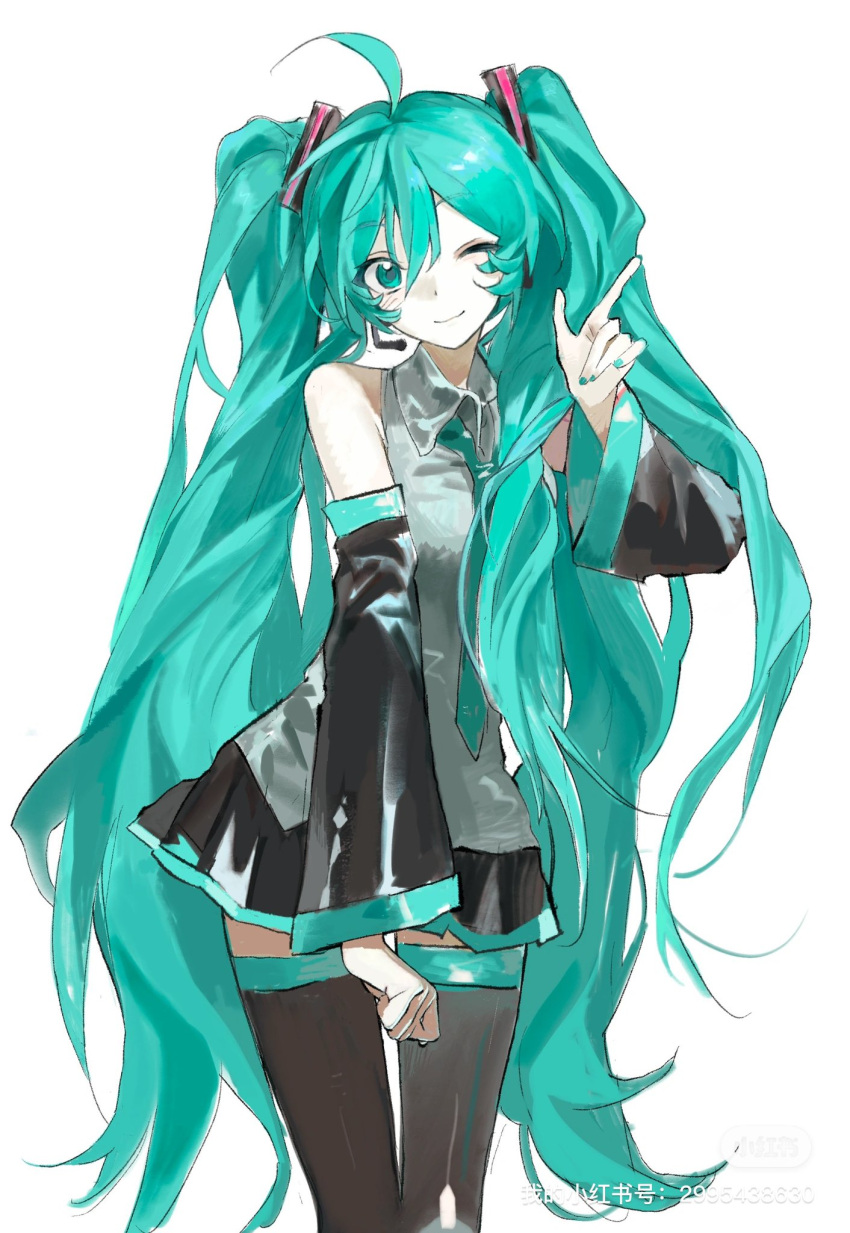 Safebooru - 1girl :3 ahoge bare shoulders black skirt black thighhighs blinking blue eyes blue ...