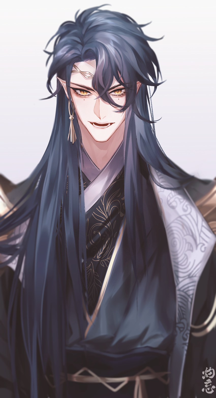 Safebooru - 1boy absurdres artist name bishounen black hair blue hair chinese clothes earrings ...