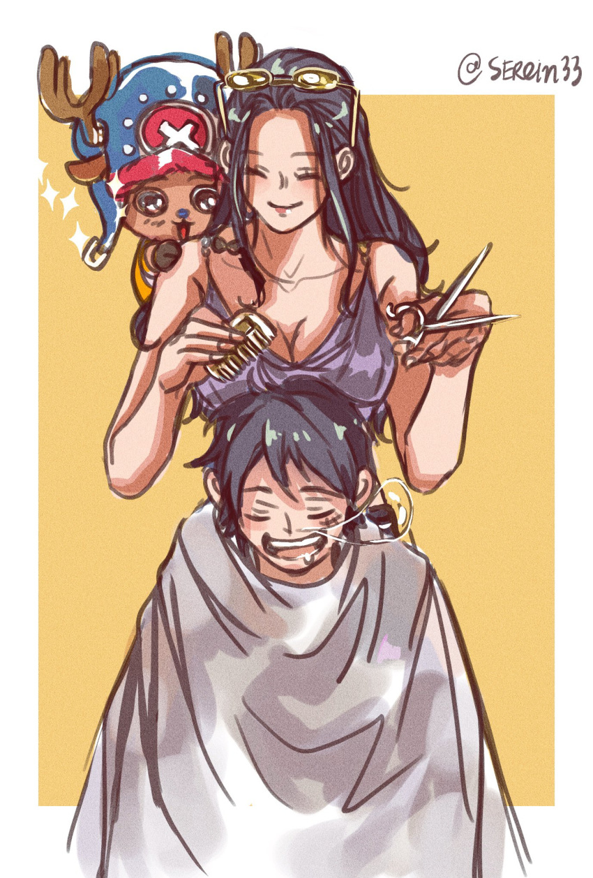 Safebooru - 1girl 2boys ^ ^ antlers black hair blue nose border closed ...