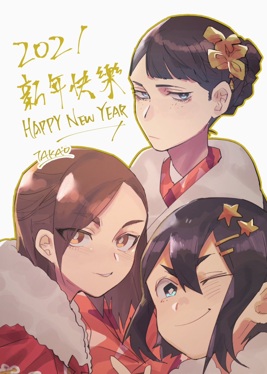 Safebooru - 2021 3girls absurdres artist name asakusa midori asymmetrical bangs black hair brown ...