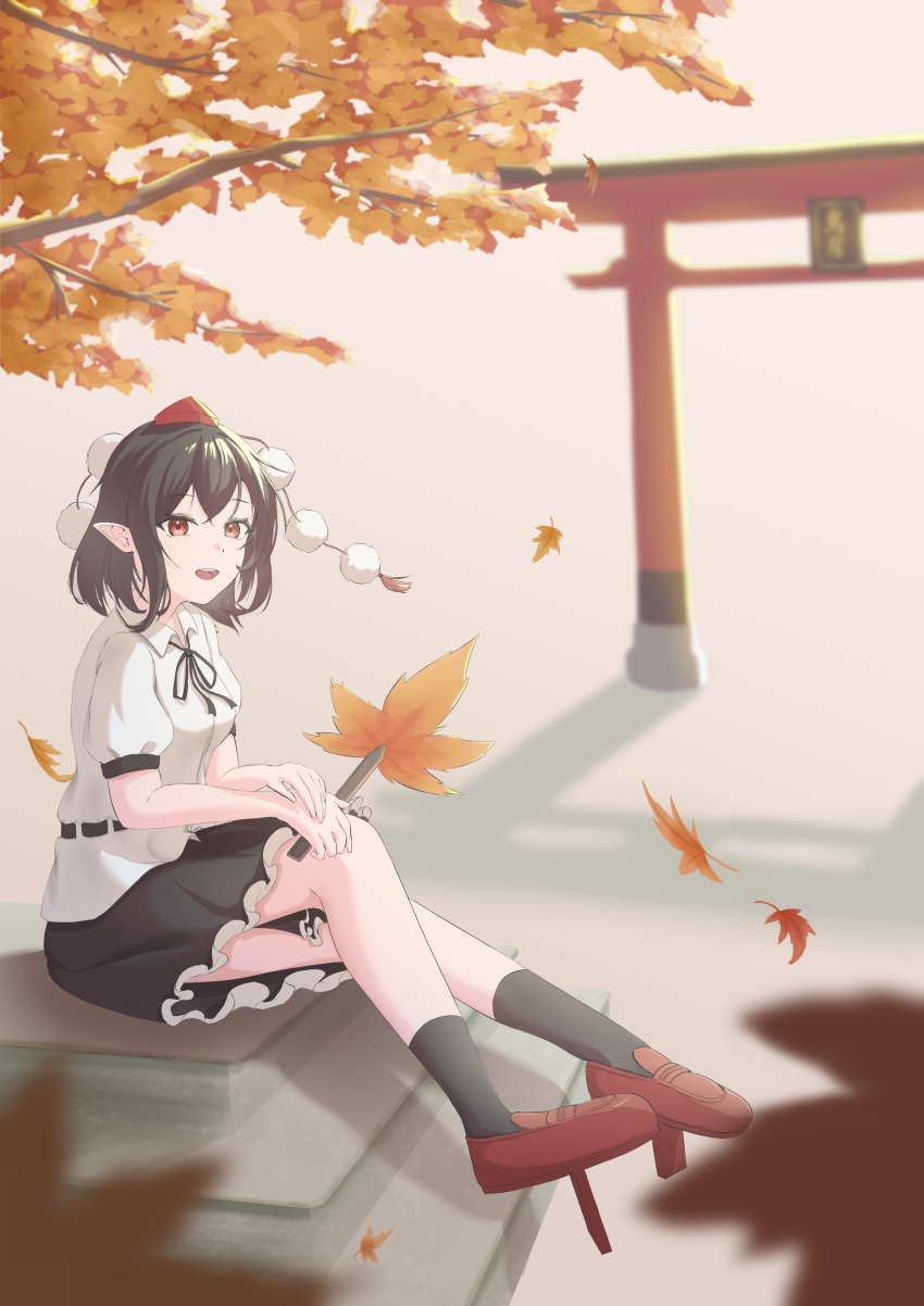 Safebooru - 1girl :d absurdres autumn leaves black hair black ribbon black skirt black socks ...