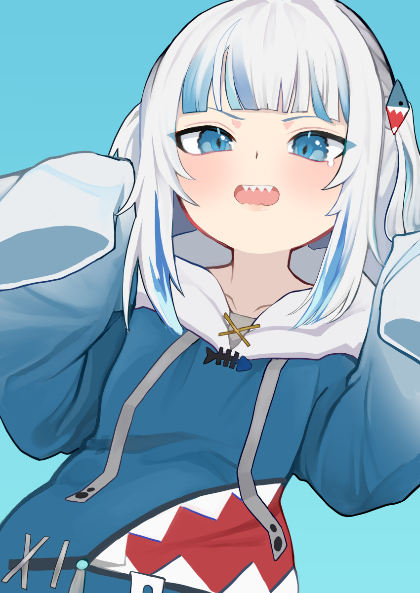 Safebooru - 1girl absurdres blue background blue eyes blue hair blue hoodie collarbone ...