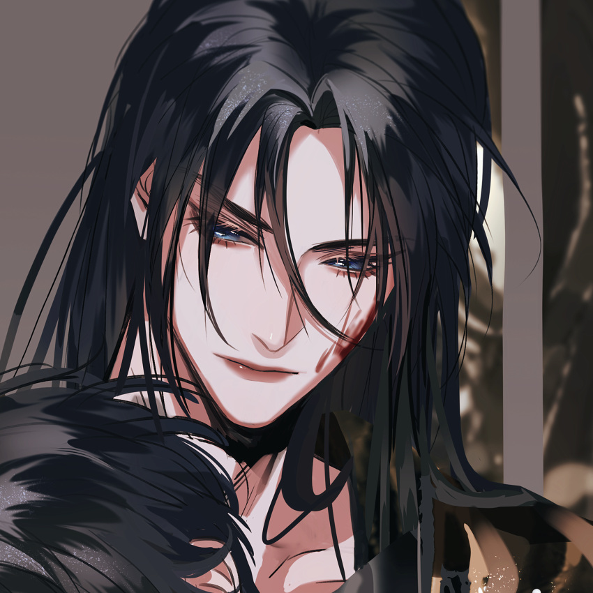 Safebooru - 2boys bishounen black hair blood blood on face blue eyes blurry blurry background ...