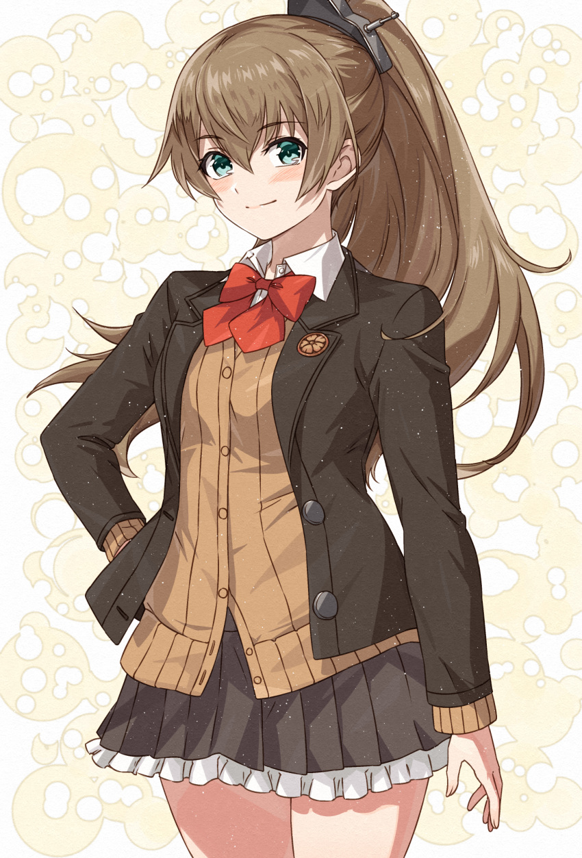 Safebooru - 1girl blazer blue eyes bow bowtie brown cardigan brown hair brown jacket brown ...