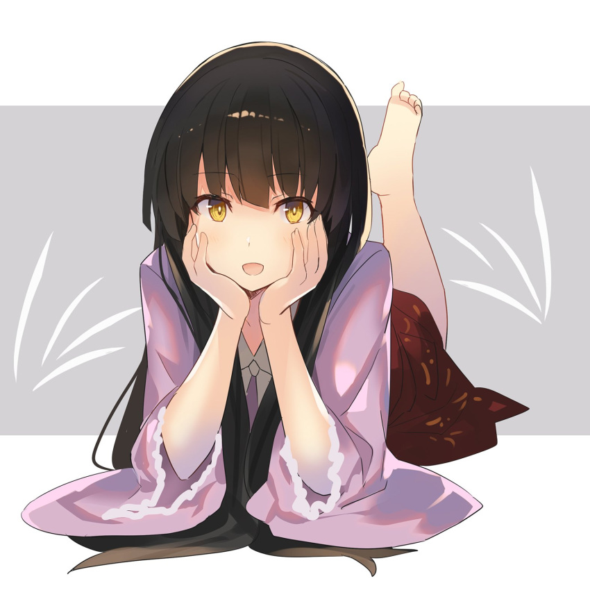 Safebooru - 1girl bangs barefoot black hair blush bow bowtie commentary request eyebrows visible ...