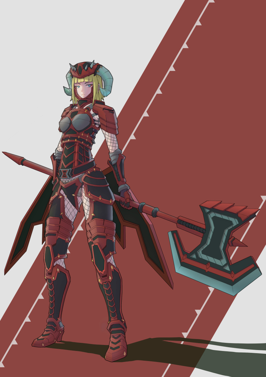 Safebooru - 1girl absurdres armor axe bangs battle axe blonde hair blue eyes breasts fishnet ...