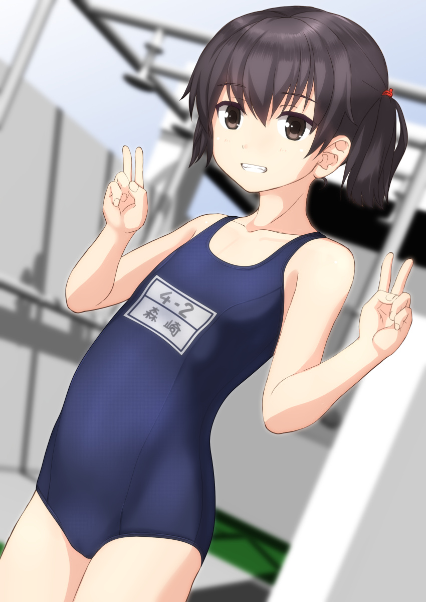 Safebooru - 1girl absurdres black hair blue swimsuit blurry brown eyes cowboy shot day depth of ...
