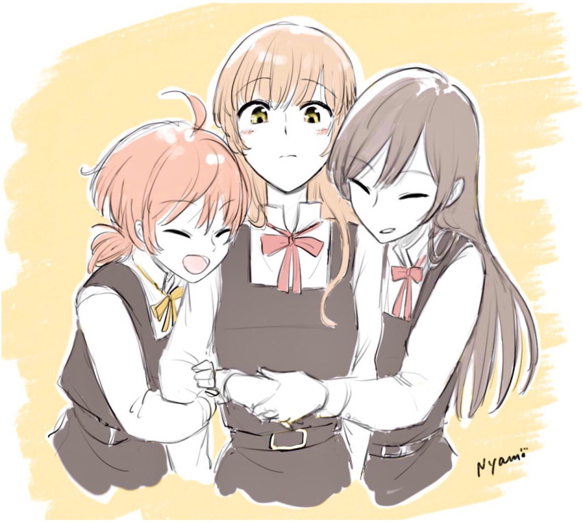 Safebooru - 3girls black hair blonde hair blush dress hand holding ...