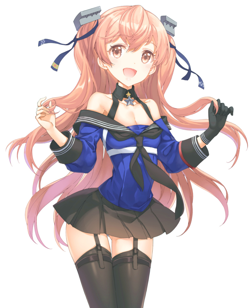 Safebooru - 1girl black gloves black legwear black skirt blue shirt blush breasts brown eyes ...