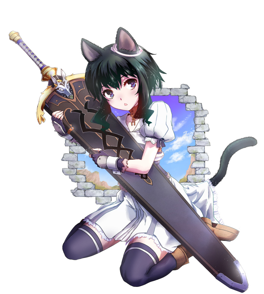 Safebooru - animal ears black hair black tail boots brick wall cat ears cat girl cat tail chest ...