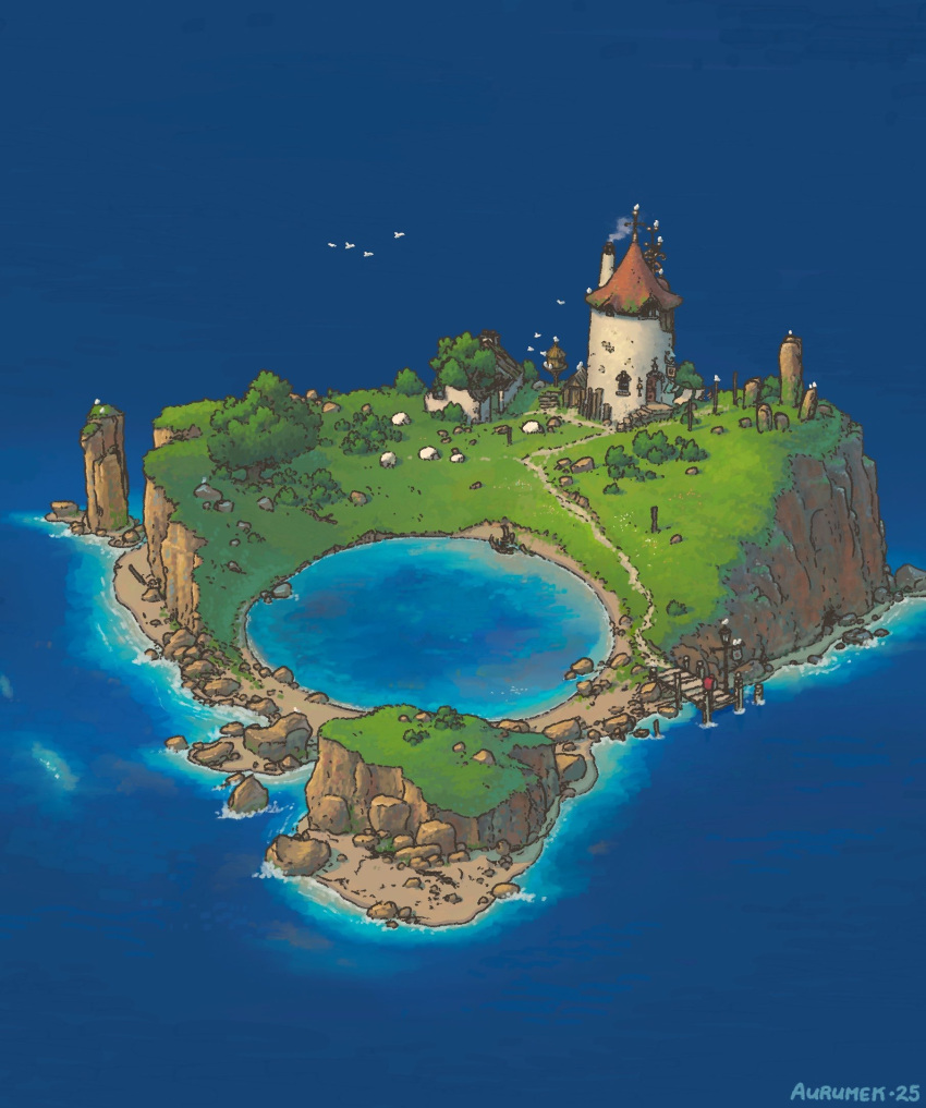 Safebooru - artist name aurumek bird chimney cliff dated dock grass ...