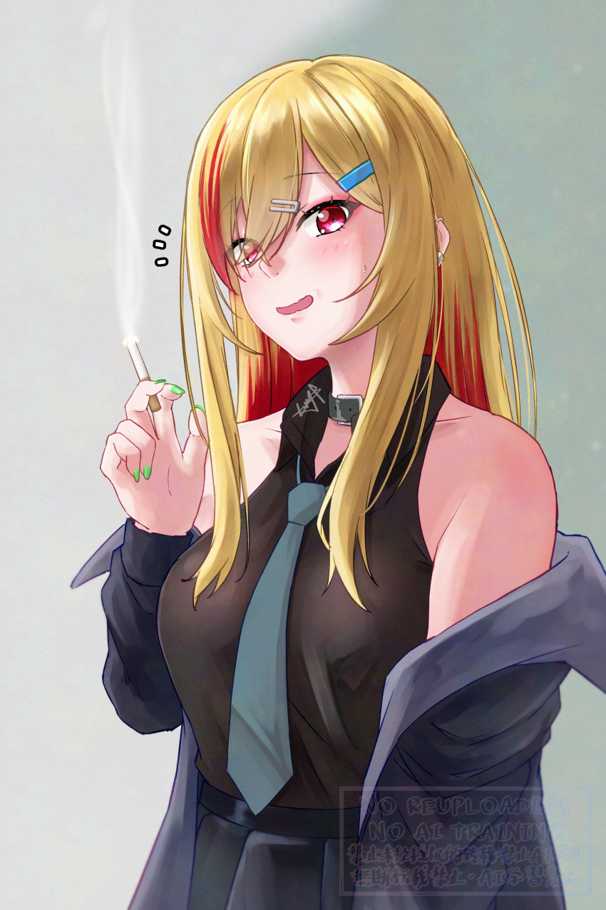 Safebooru - 1girl absurdres black shirt black skirt blonde hair blue jacket blush choker ...
