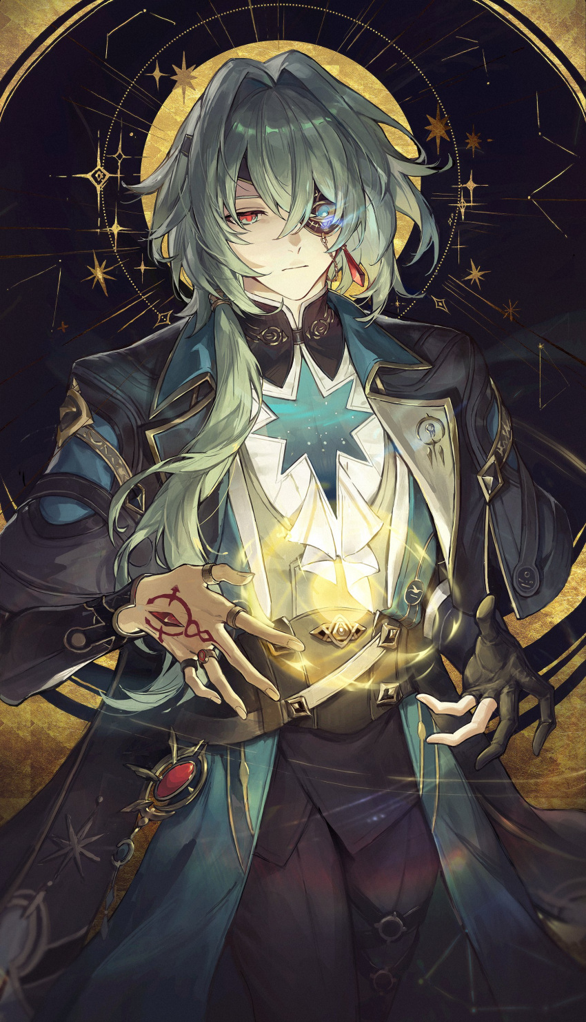 Safebooru - 1boy absurdres anaxa (honkai: star rail) aqua coat aqua eyes aqua hair ascot black ...