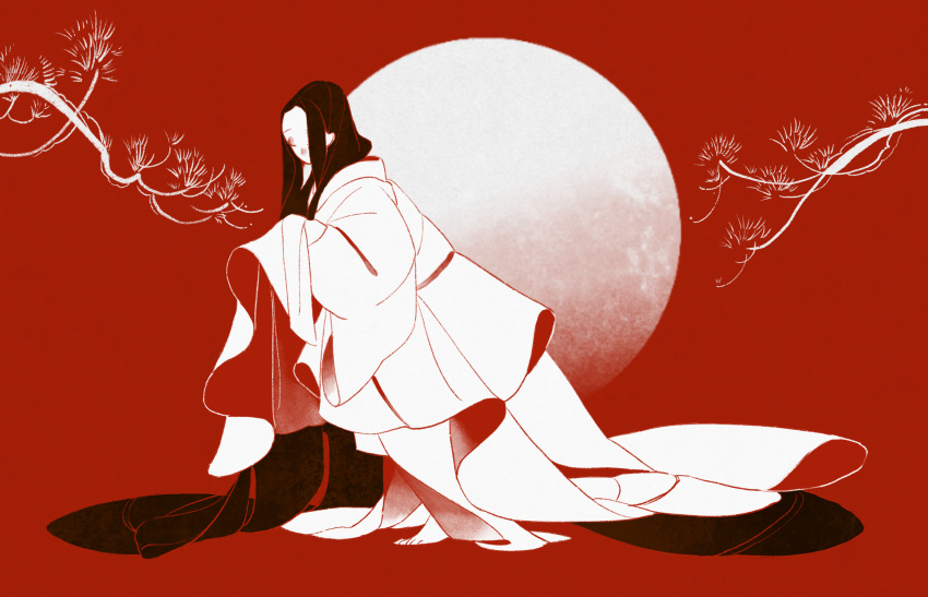 Safebooru - 1girl absurdly long hair absurdres barefoot black hair branch closed eyes commentary ...