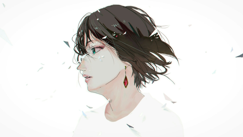 Safebooru - 1girl brown hair chromatic aberration commentary request earrings green eyes highres ...