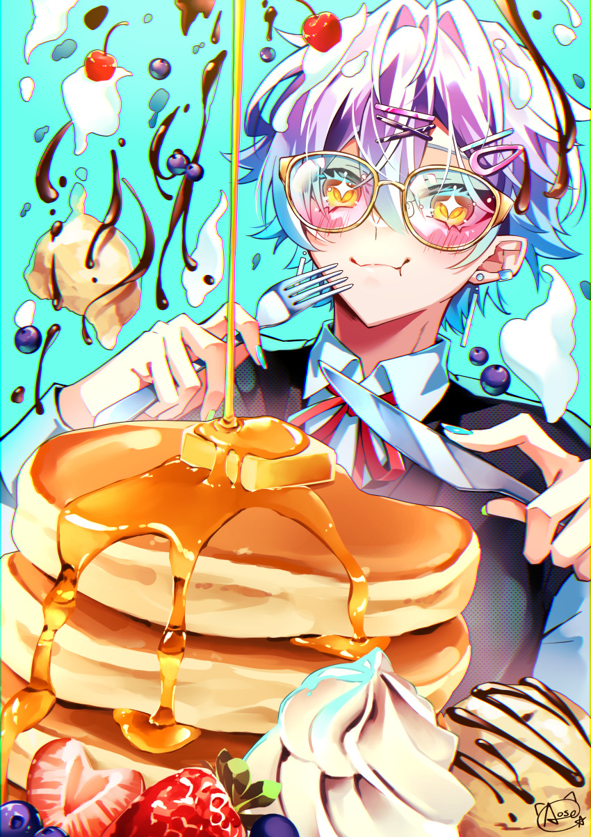 Safebooru - 1boy absurdres aose ( aose242) blueberry blush butter chocolate syrup closed mouth ...