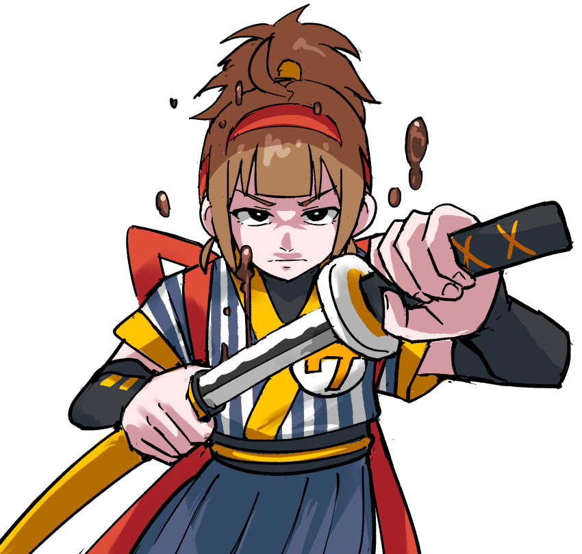 Safebooru - 1girl black eyes blue skirt brown hair closed mouth highres ...