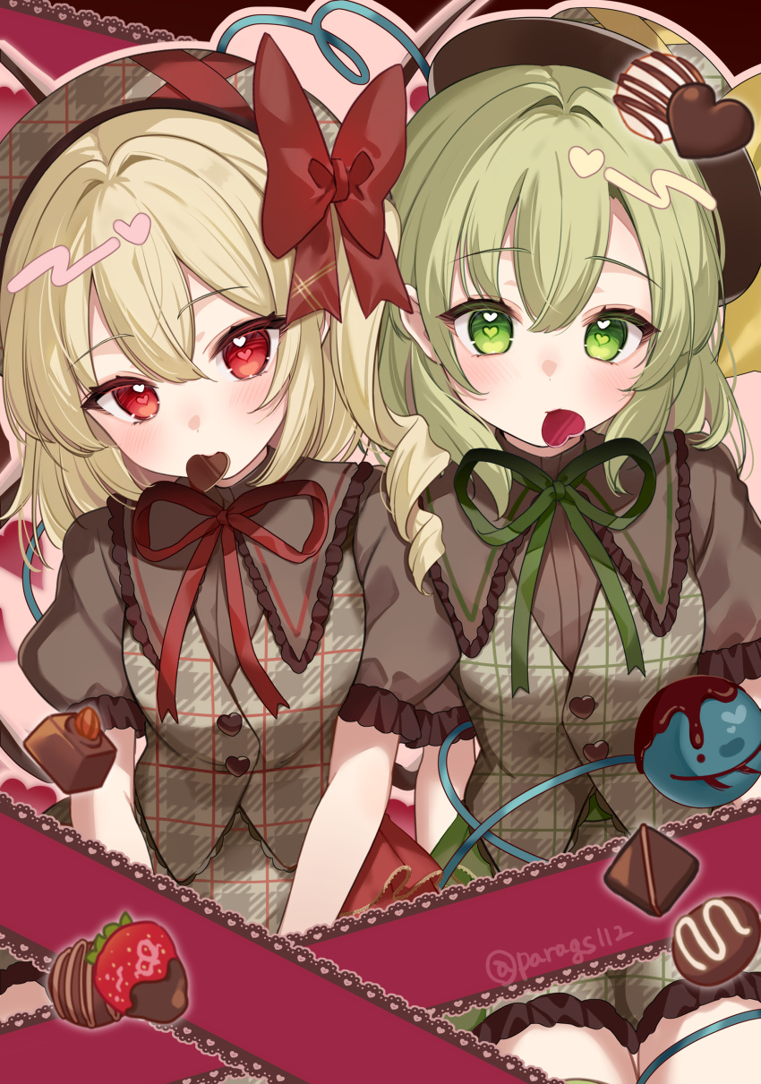 Safebooru - 2girls absurdres alternate costume blonde hair blush bow brown hat brown shirt brown ...