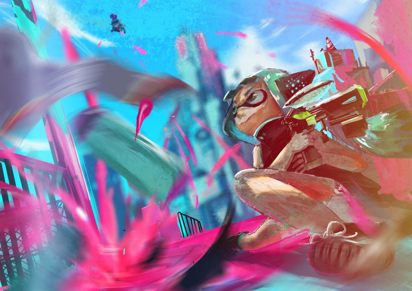 Safebooru - 1boy 1girl aqua eyes aqua hair black shoes blurry blurry ...