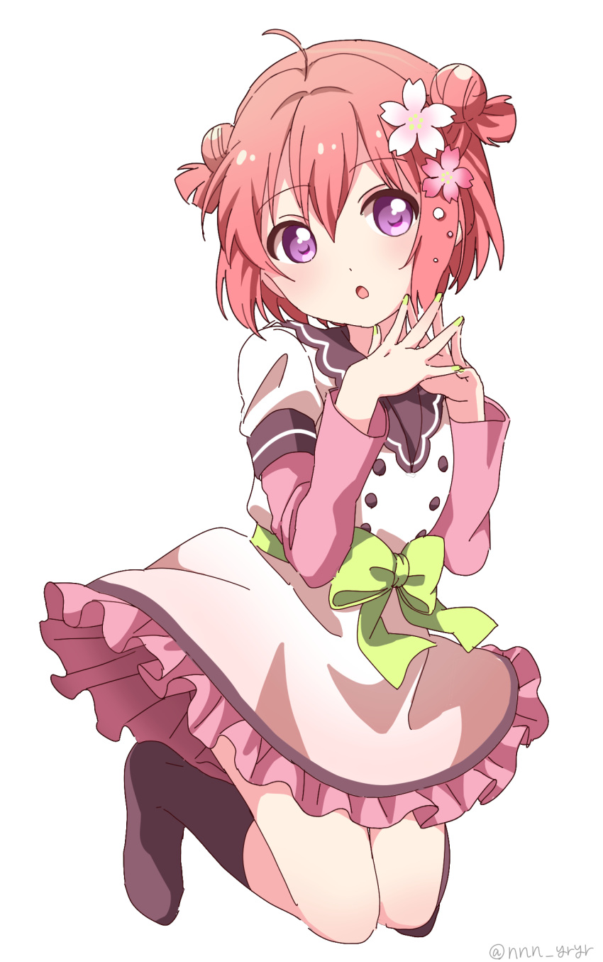 Safebooru - 1girl :o ahoge akaza akari blush bow brown socks commentary double bun dress feet up ...