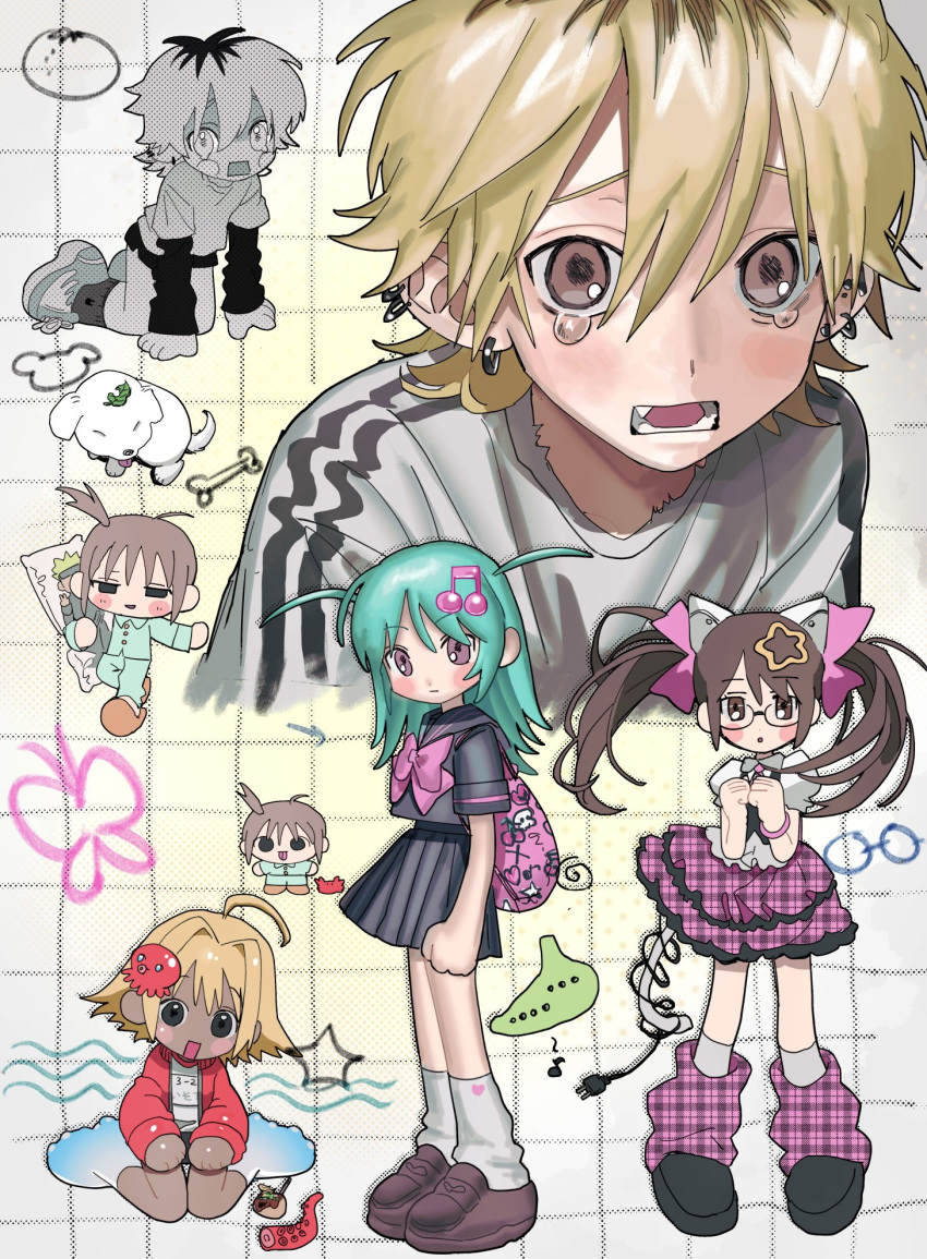 Safebooru - all fours aqua hair blonde hair brown eyes brown hair chibi dark skin dog earrings ...