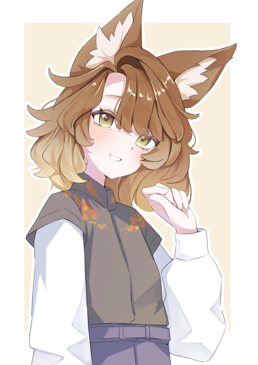 Safebooru - 1girl :d animal ear fluff animal ears belt black shirt blonde hair blush border ...