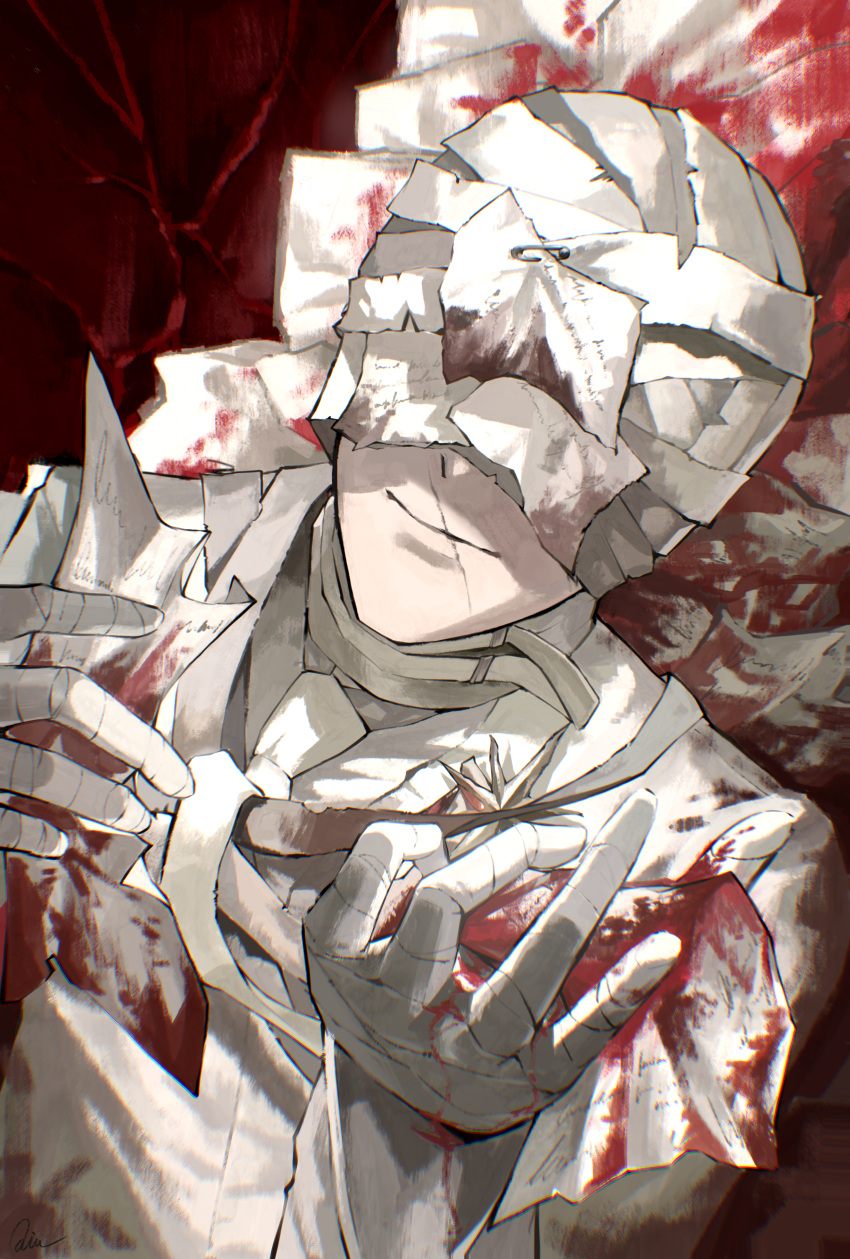 Safebooru - 1boy absurdres bandaged hand bandaged head bandages blood blood on clothes covered ...
