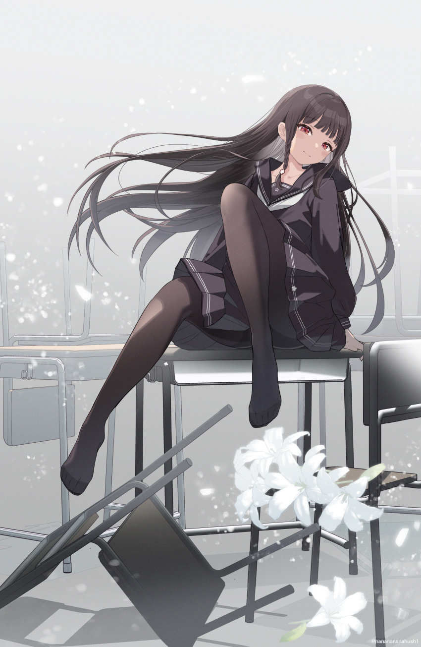 Safebooru - absurdres black hair black pantyhose black skirt braid chair desk flower highres ...