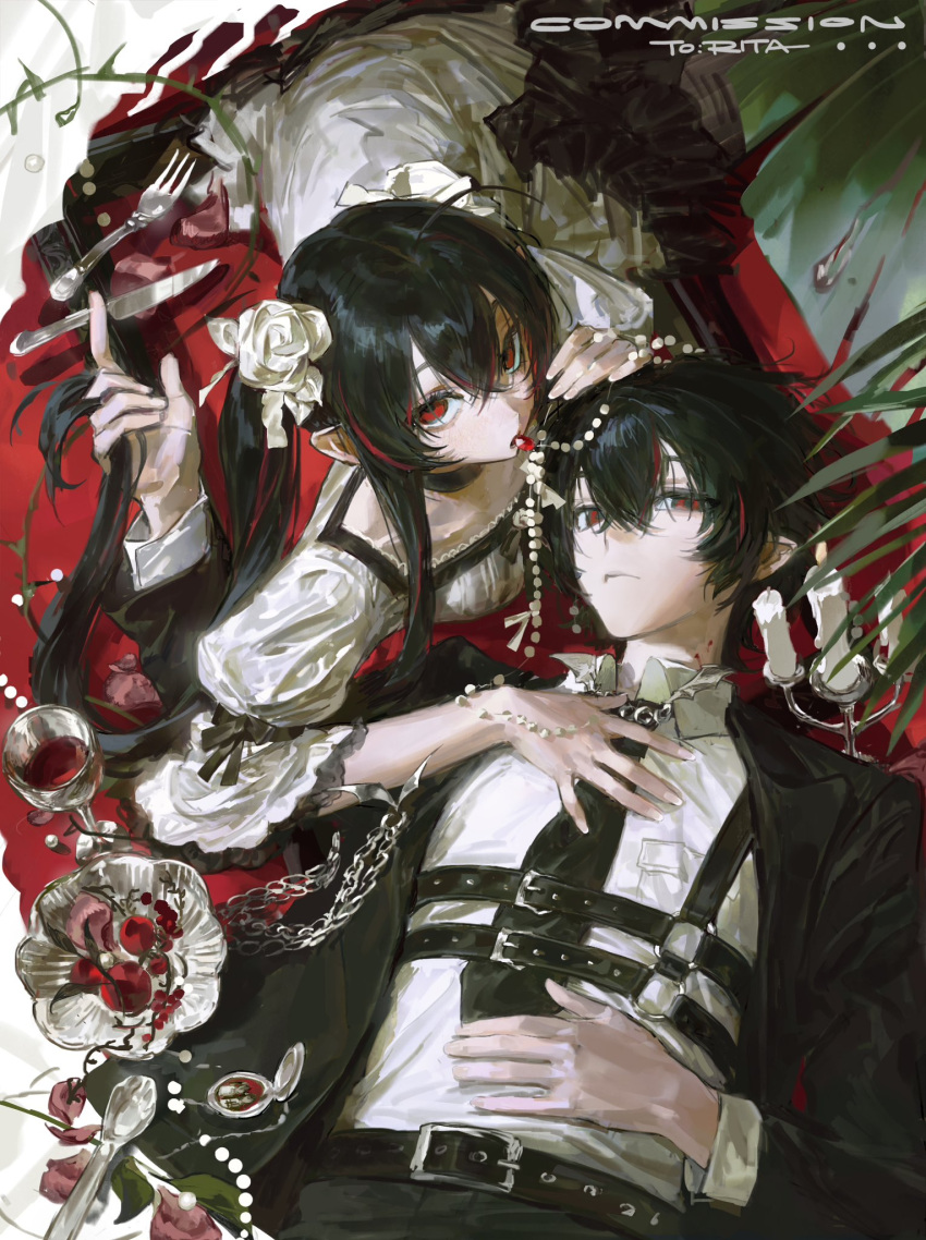 Safebooru - 1boy 1girl belt black bow black choker black hair black suit bow chest belt choker ...