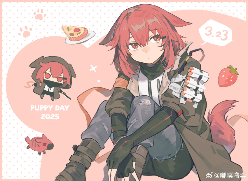 Safebooru - 1girl absurdres animal ears arknights armband black gloves brown coat chibi chibi ...