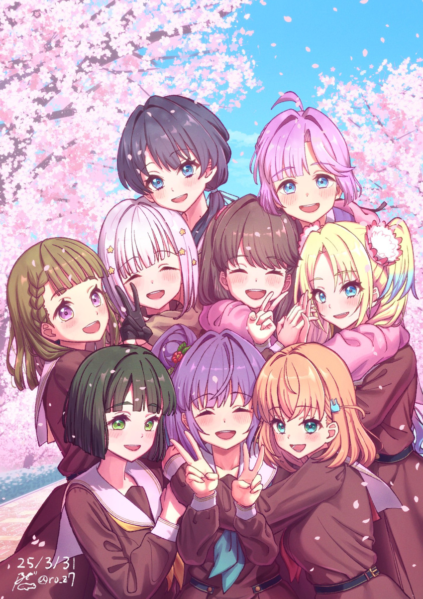 Safebooru - 6+girls :d ^ ^ ahoge anyoji hime aqua eyes aqua neckerchief blonde hair blue ribbon ...