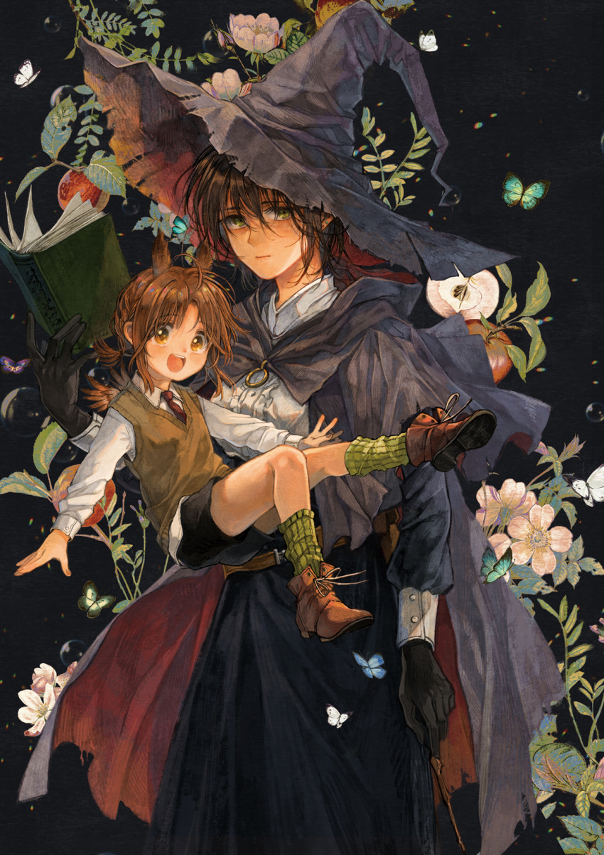 Safebooru - 2girls age difference animal ears apple black hair book boots braid brown boots ...