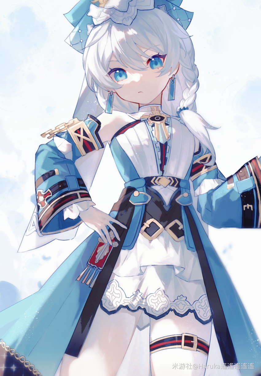 Safebooru - 1girl belt blue eyes bodystocking braid closed mouth detached sleeves dress earrings ...