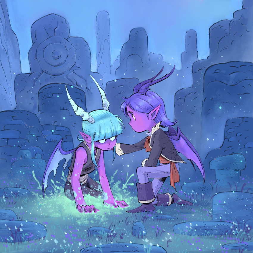 Safebooru - 2others blue background blunt bangs boots demon horns demon wings fantasy highres ...