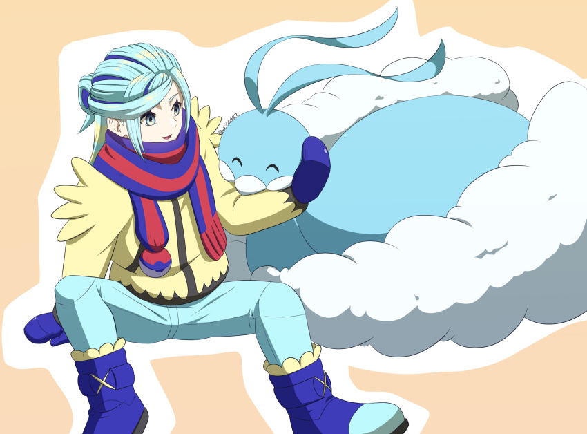 Safebooru - 1boy affectionate altaria arice487 blue boots blue mittens ...