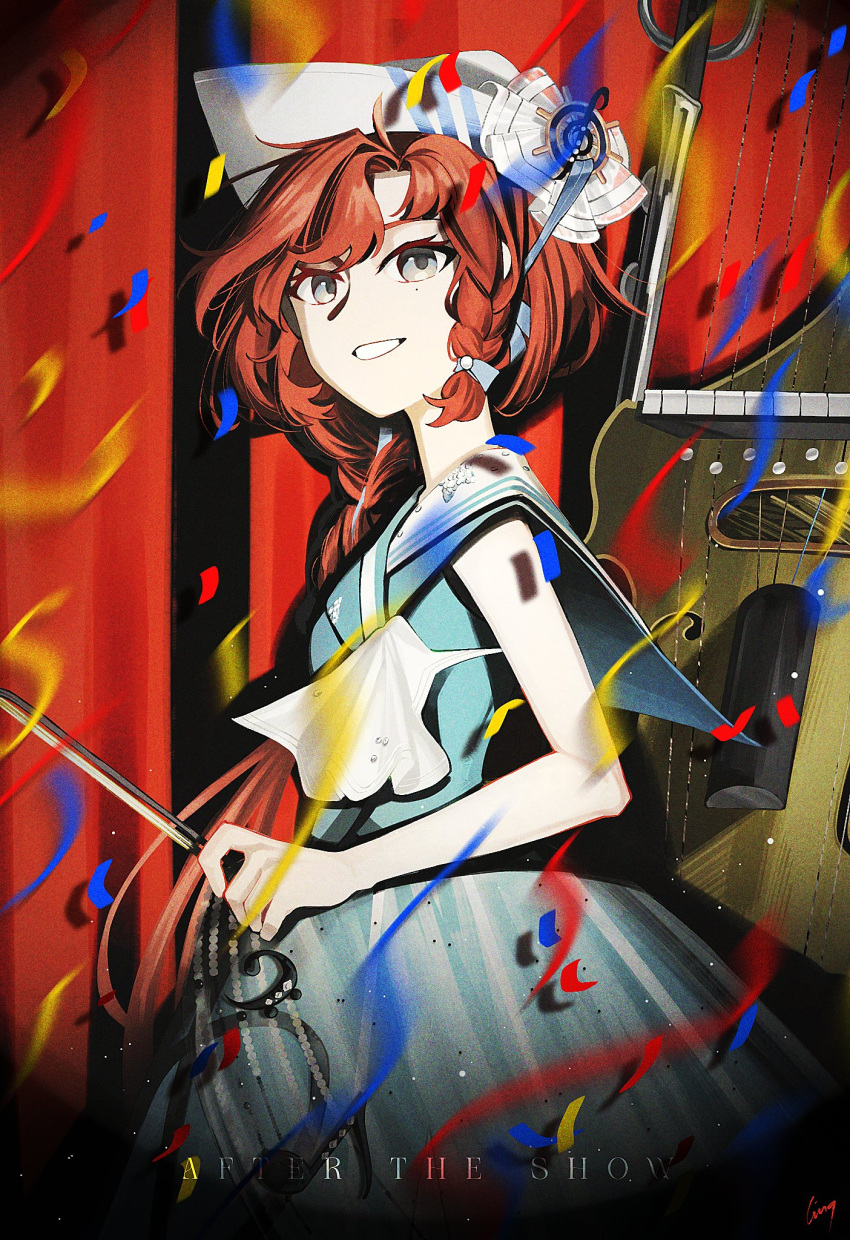 Safebooru - 1girl barcarola (reverse:1999) blue eyes blue shirt blue skirt bow (music) braid ...