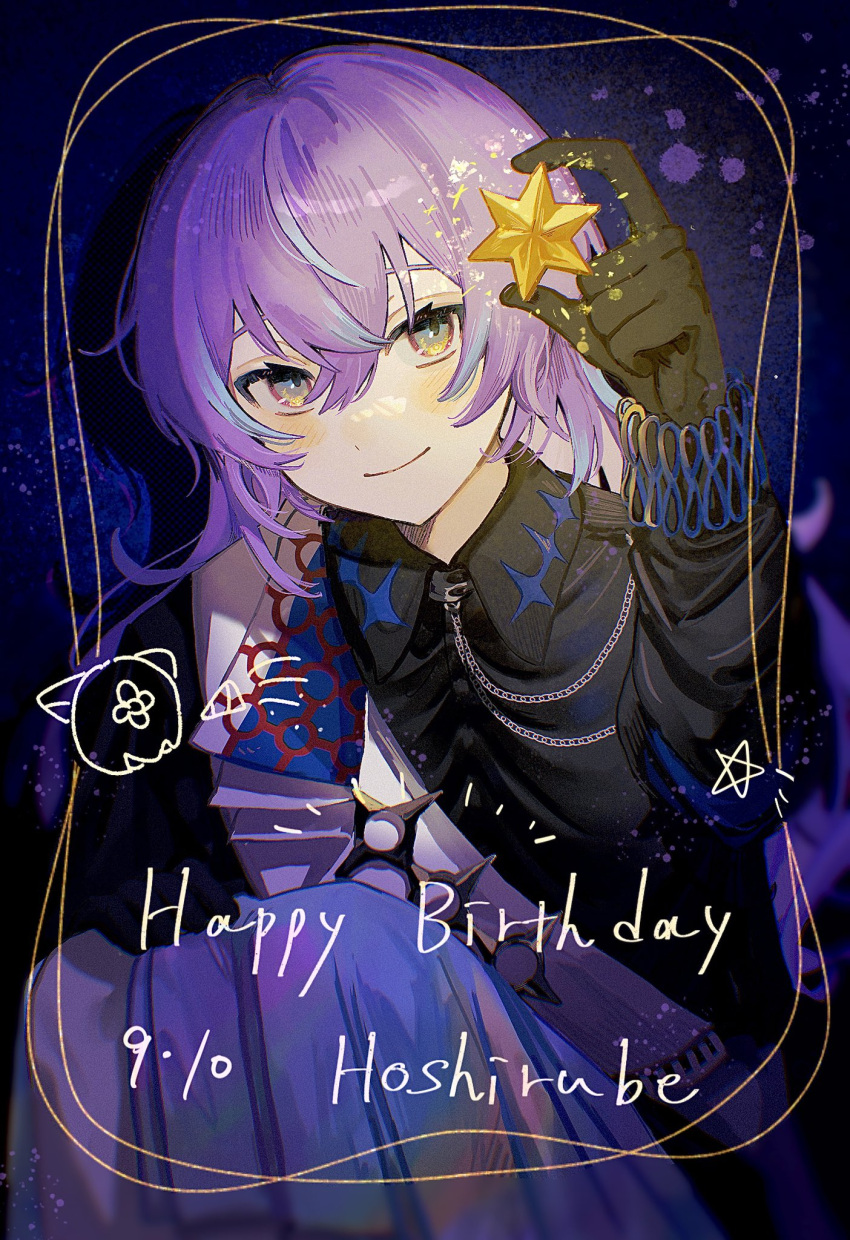 Safebooru - 1boy black gloves black shirt blue hair blush chain character name closed mouth ...