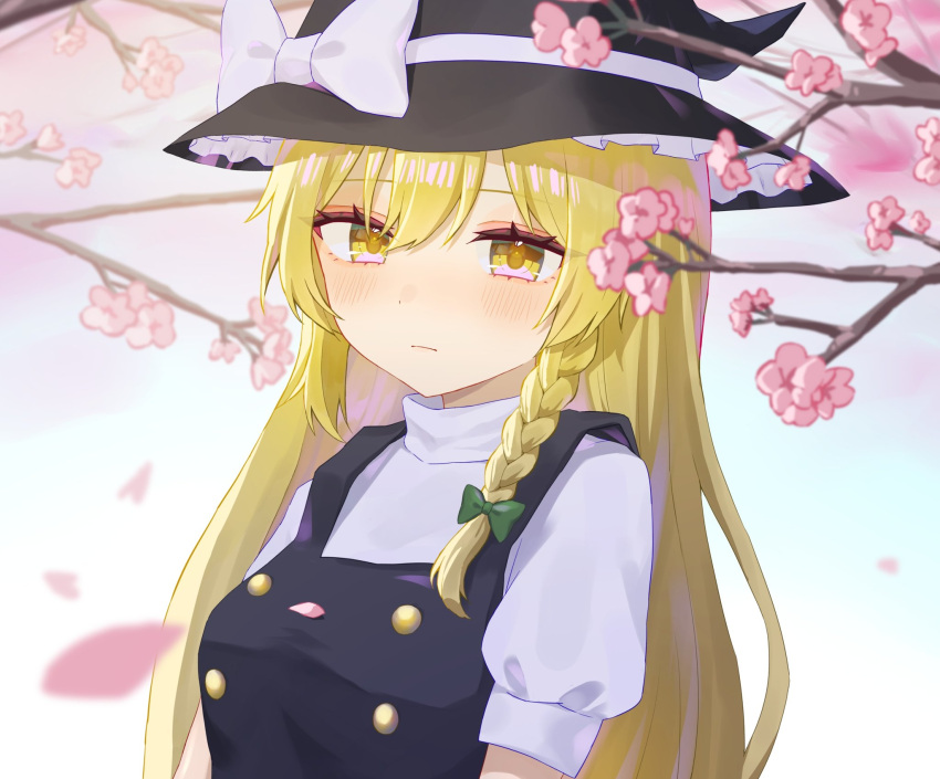 Safebooru - 1girl black hat black vest blonde hair blush bow cherry blossoms closed mouth ...