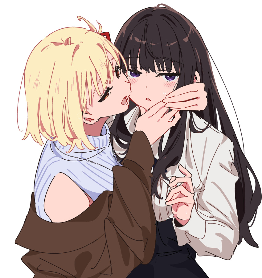 Safebooru - 2girls absurdres atenaba black hair blue sweater blush brown jacket hair ribbon hand ...