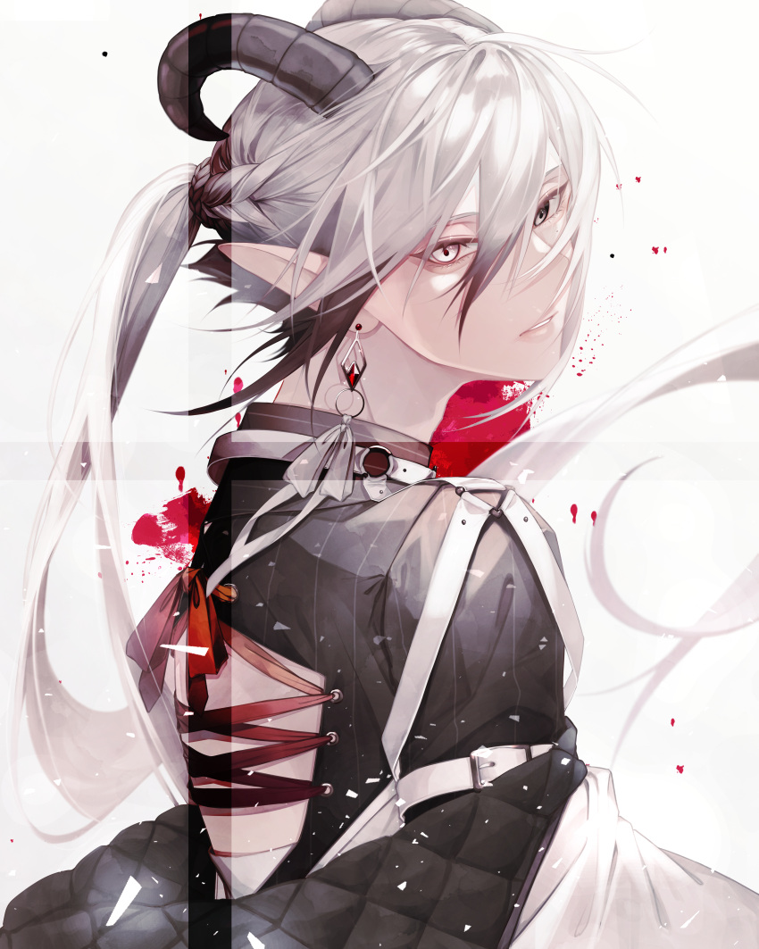 Safebooru - 1boy absurdres back ribbon belt black horns black shirt braid commentary earrings ...