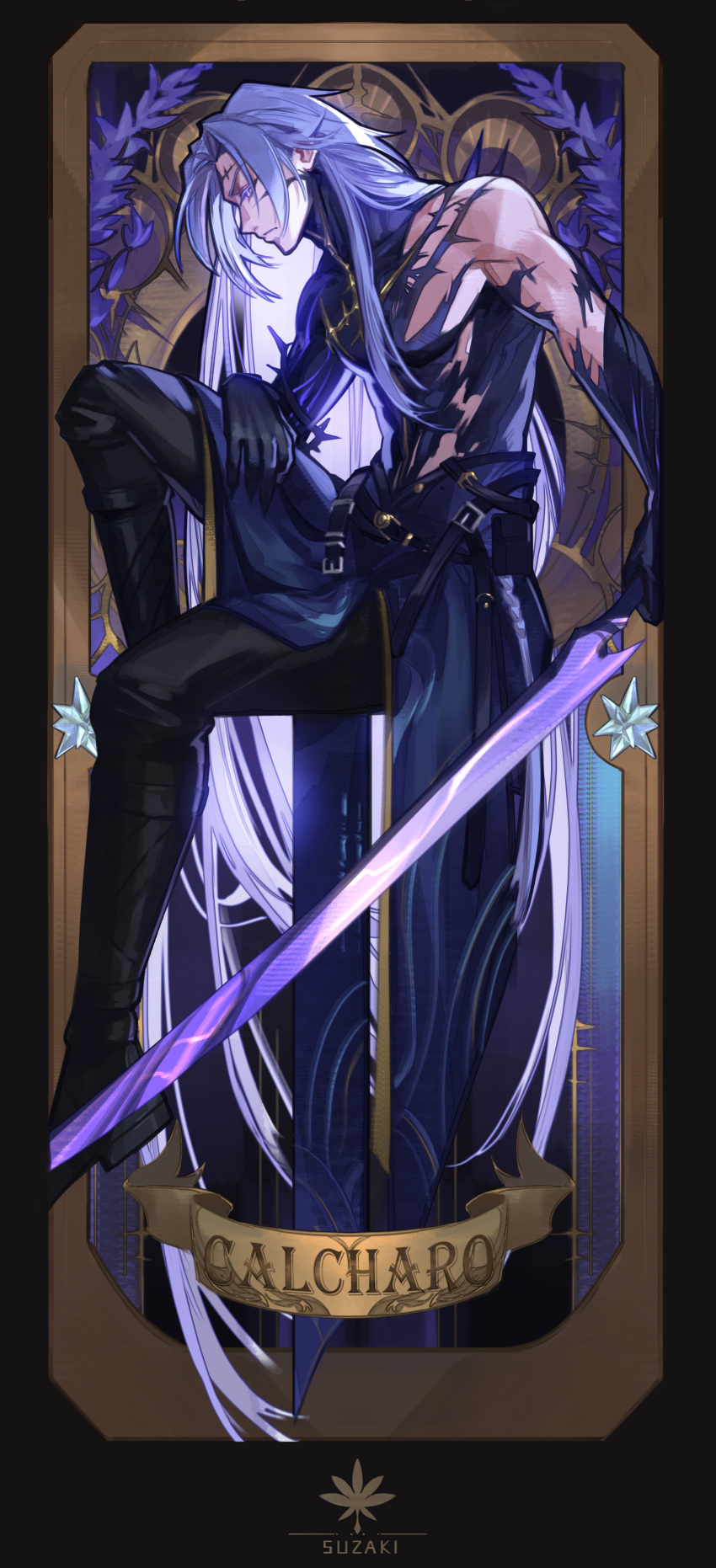 Safebooru - 1boy absurdly long hair absurdres artist logo black pants ...