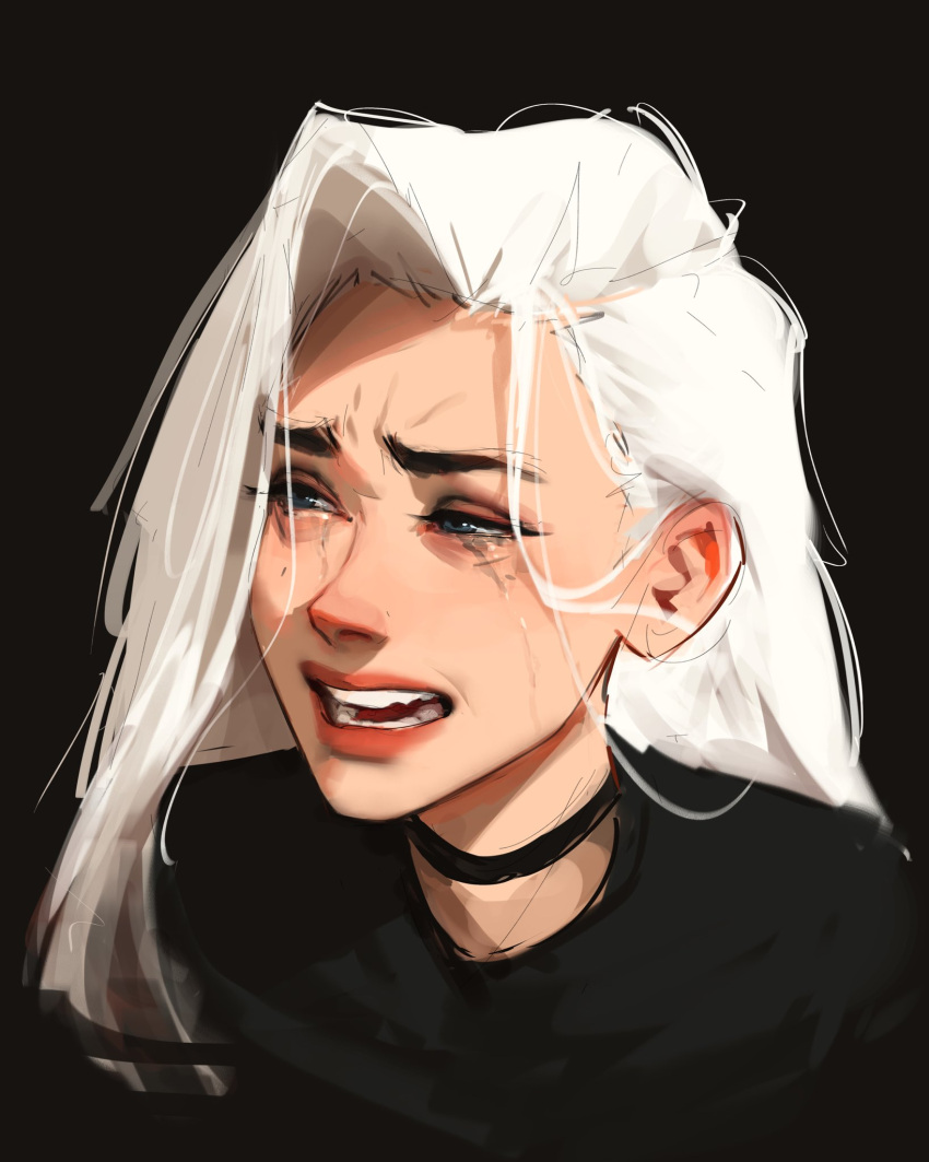 Safebooru - 1girl black background black choker black shirt choker commentary crying crying with ...
