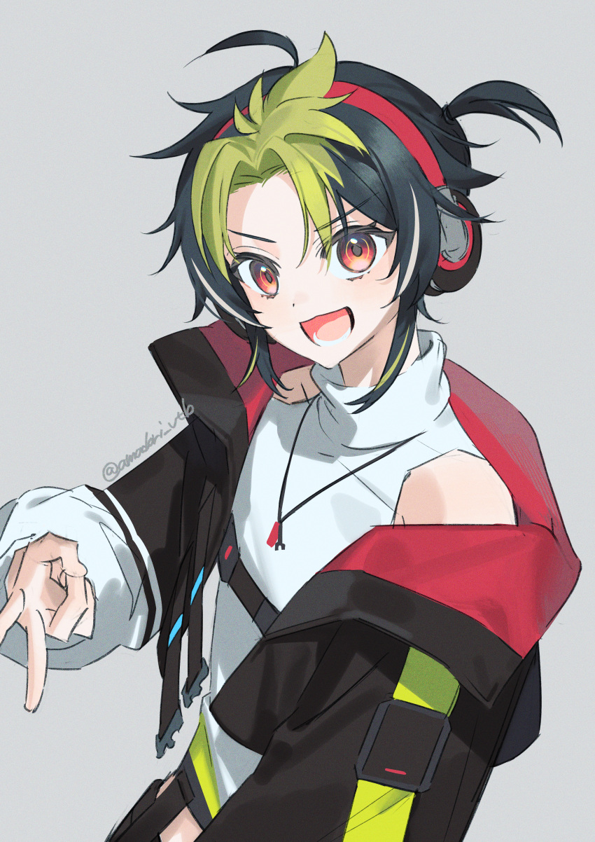 Safebooru - 1boy absurdres ahoge black jacket green hair grey ...