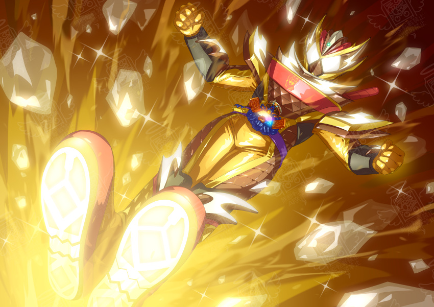 Safebooru - 1boy absurdres armor clenched hands flying kick full body ...