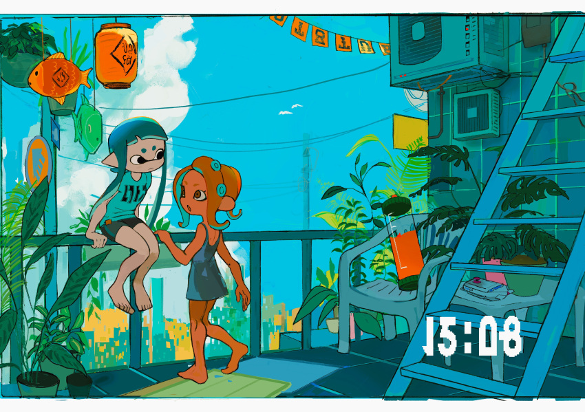 Safebooru - 2girls absurdres against railing agent 3 (splatoon) agent 8 ...