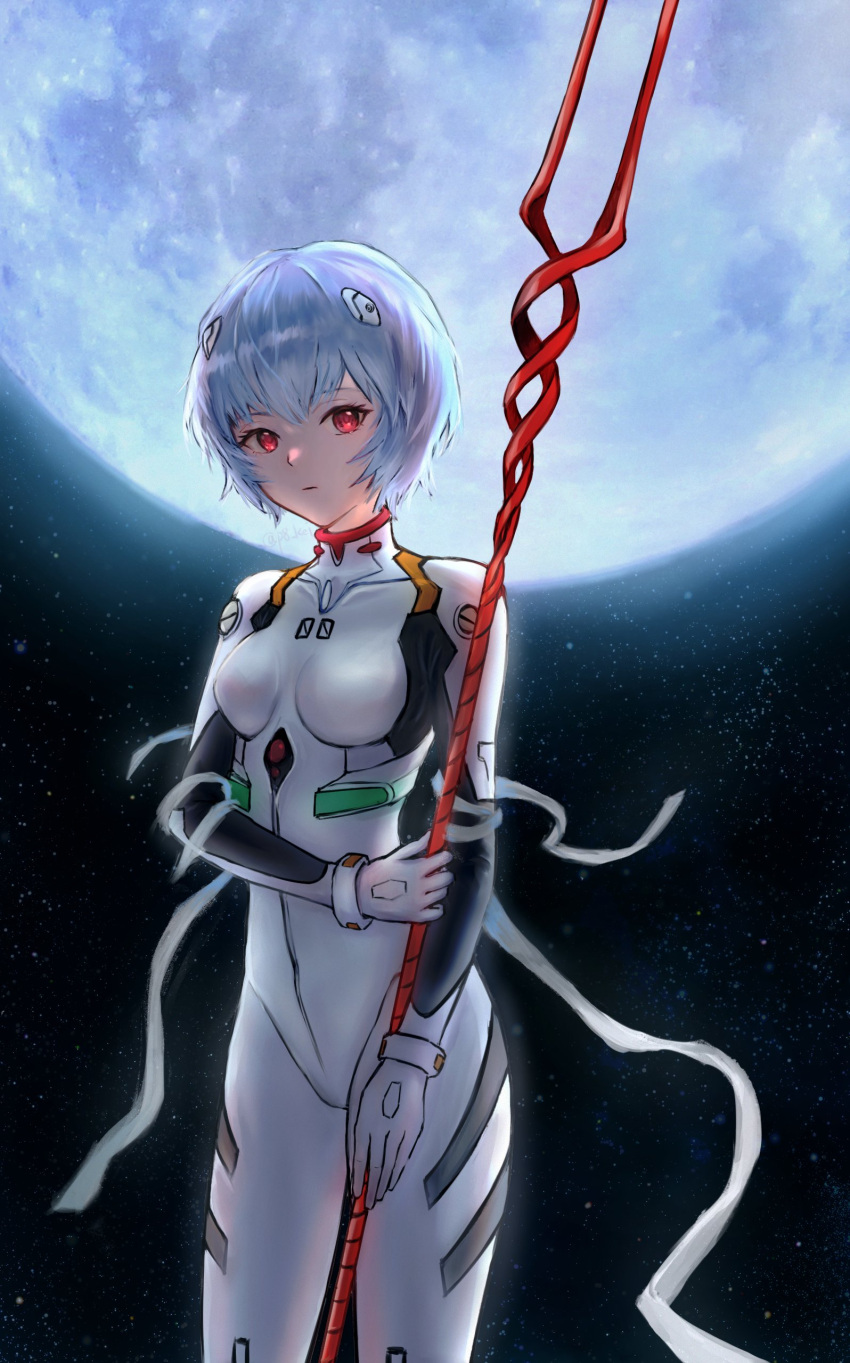 Safebooru - 1girl absurdres arm at side ayanami rei backlighting bandaged arm bandages black sky ...