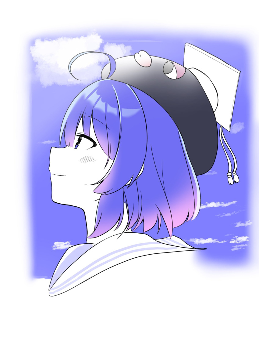 Safebooru - 1girl ahoge alternate hairstyle animal hat black hat blue eyes blue hair blue sky ...