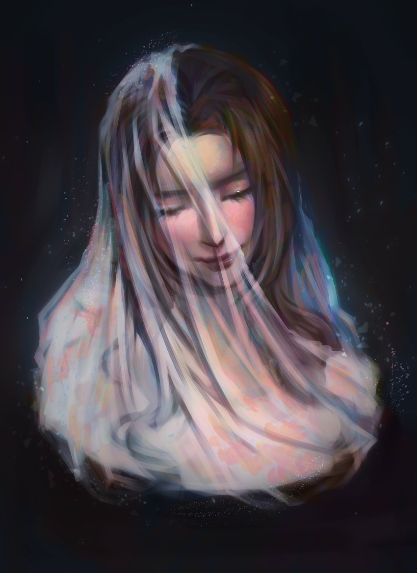 Safebooru - 1girl absurdres aerith gainsborough black background blush brown hair closed eyes ...