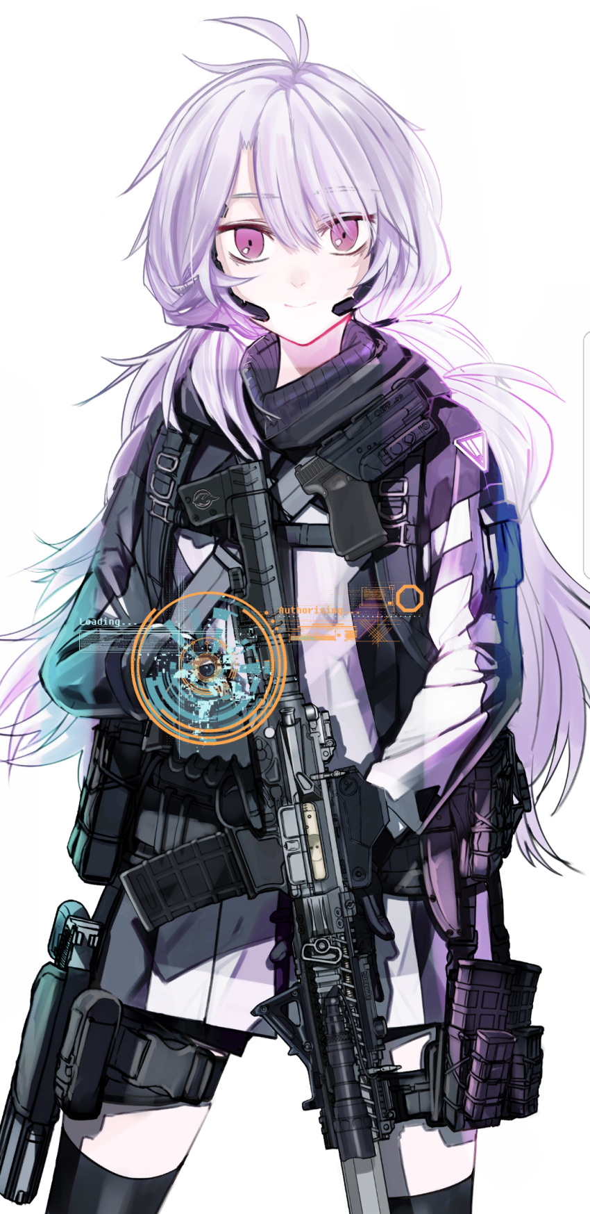 Safebooru - 1girl ahoge assault rifle black legwear eyebrows visible ...