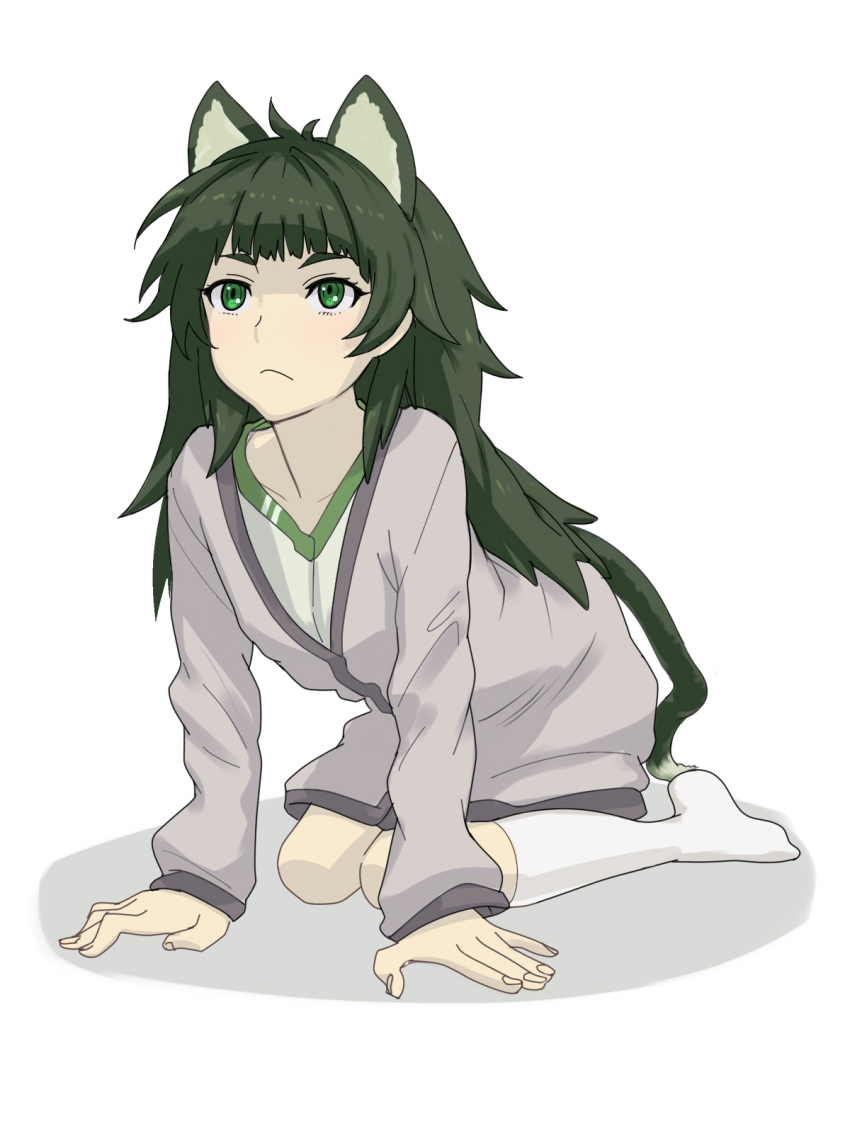 Safebooru - 1girl all fours animal ears flat chest full body green eyes ...